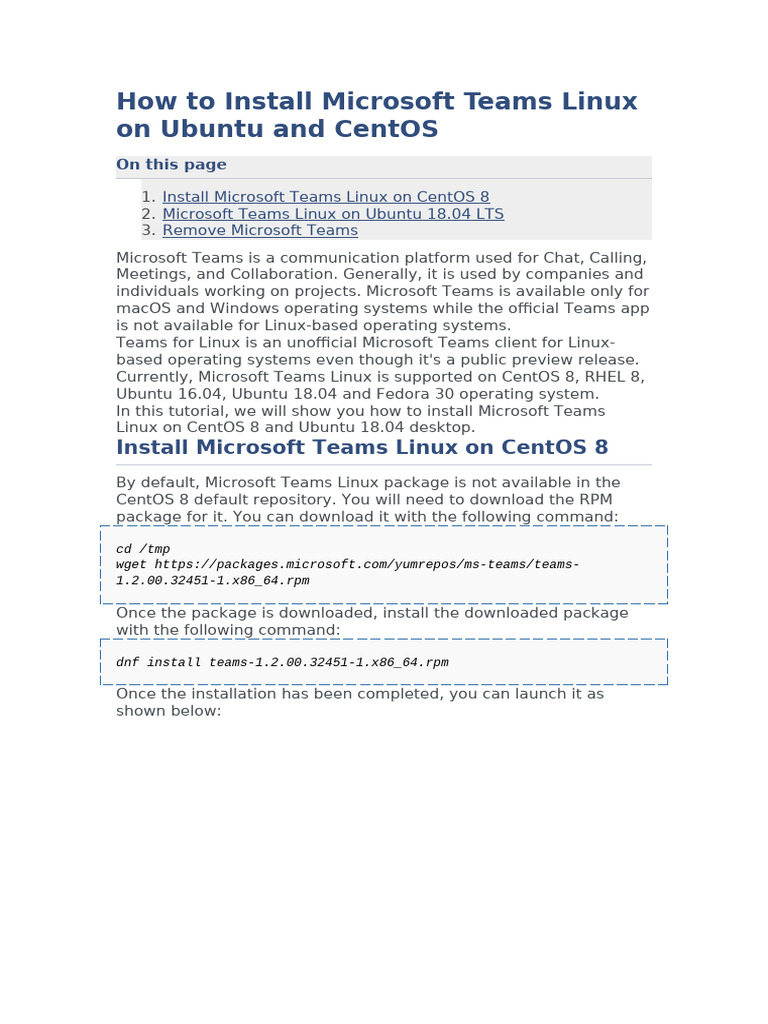 How To Install Microsoft Teams Linux On Ubuntu and CentOS | PDF | Software | System Software