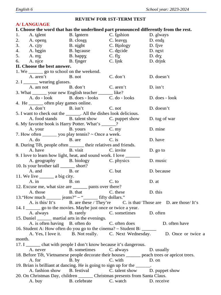 Anh6 de Cuong HKI 23 24 | PDF