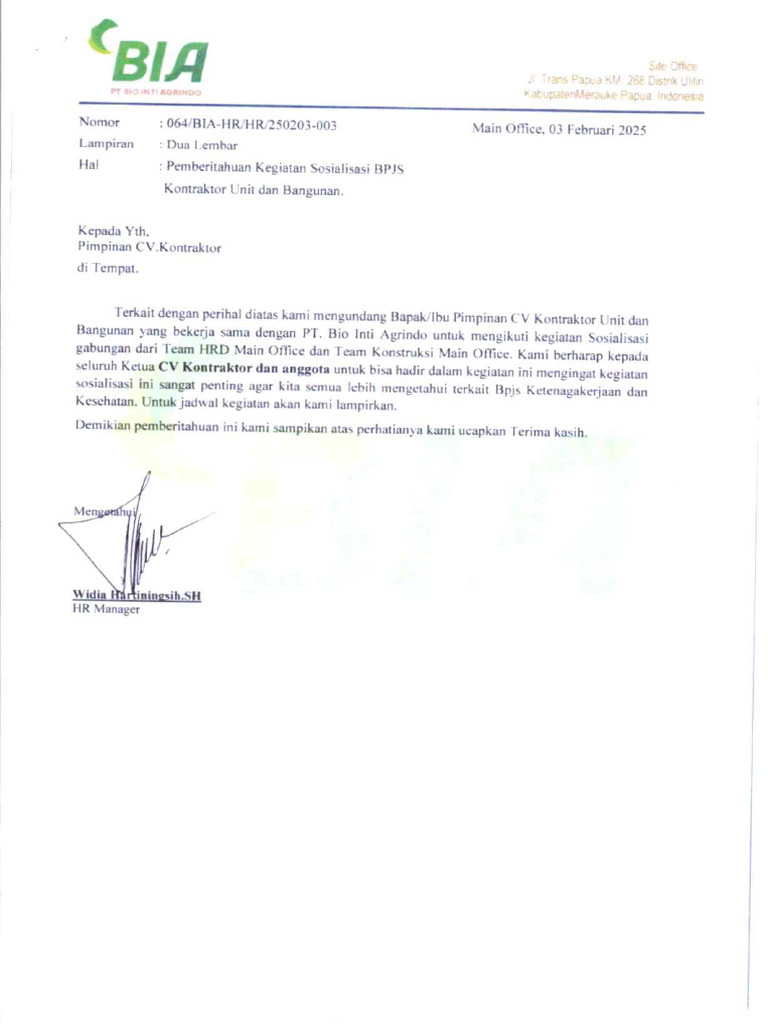 Undangan Sosialisasi Bpjs CV Dan Anggota CV Kontraktor | PDF