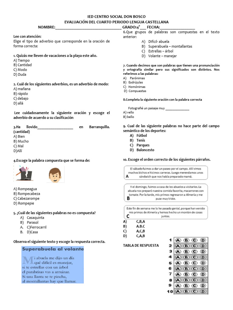 EVALUACIÓN LENGUA CASTELLANA 4° Carta | PDF | Lingüística