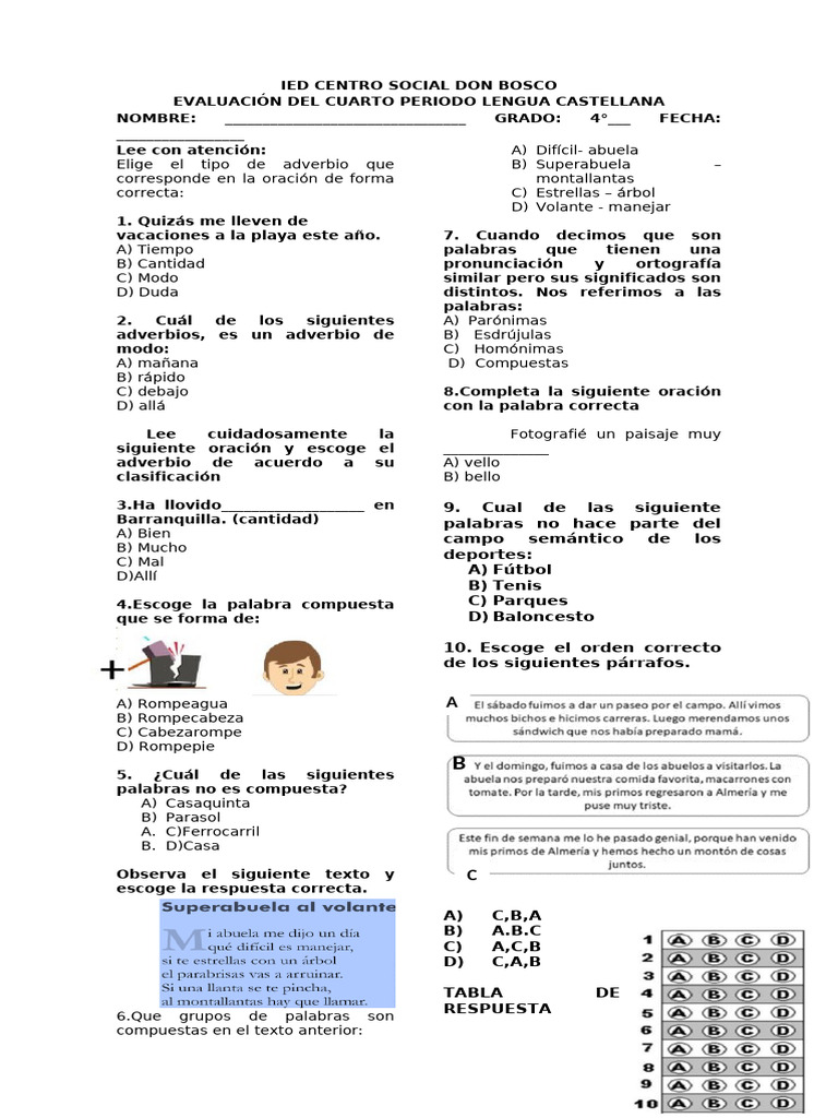 Evaluación Lengua Castellana 4° | PDF | Lingüística