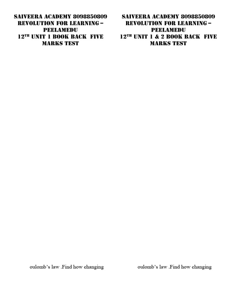 Namma Kalvi 12th Physics Unit - 1 Creative Five Marks | PDF | Capacitance | Capacitor