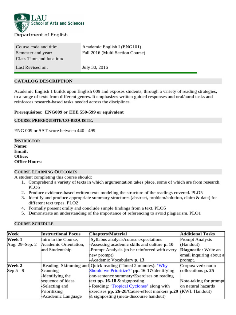 ENG 101 Syllabus - Fall 2016 | PDF | Plagiarism | Human Communication
