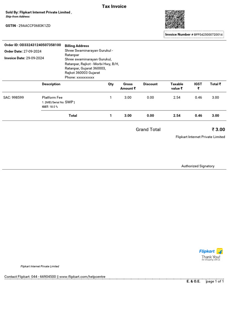 Flipkart Invoice for Hand Blender Purchase | PDF