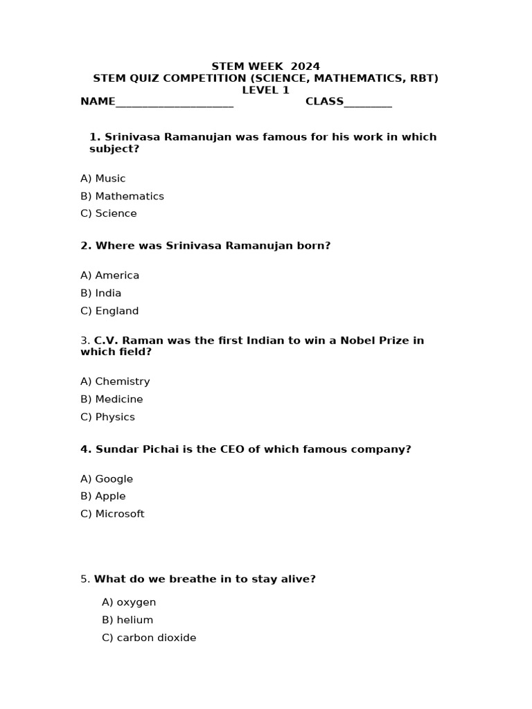 Stem Week Science Questions 2024 | PDF