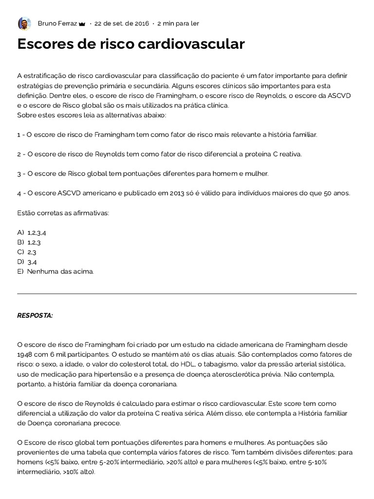 Escores de Risco Cardiovascular | PDF | Doença arterial coronariana ...