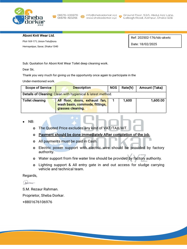 176.quotation For Toilet Deep Clean at Aboni Knit Wear | PDF