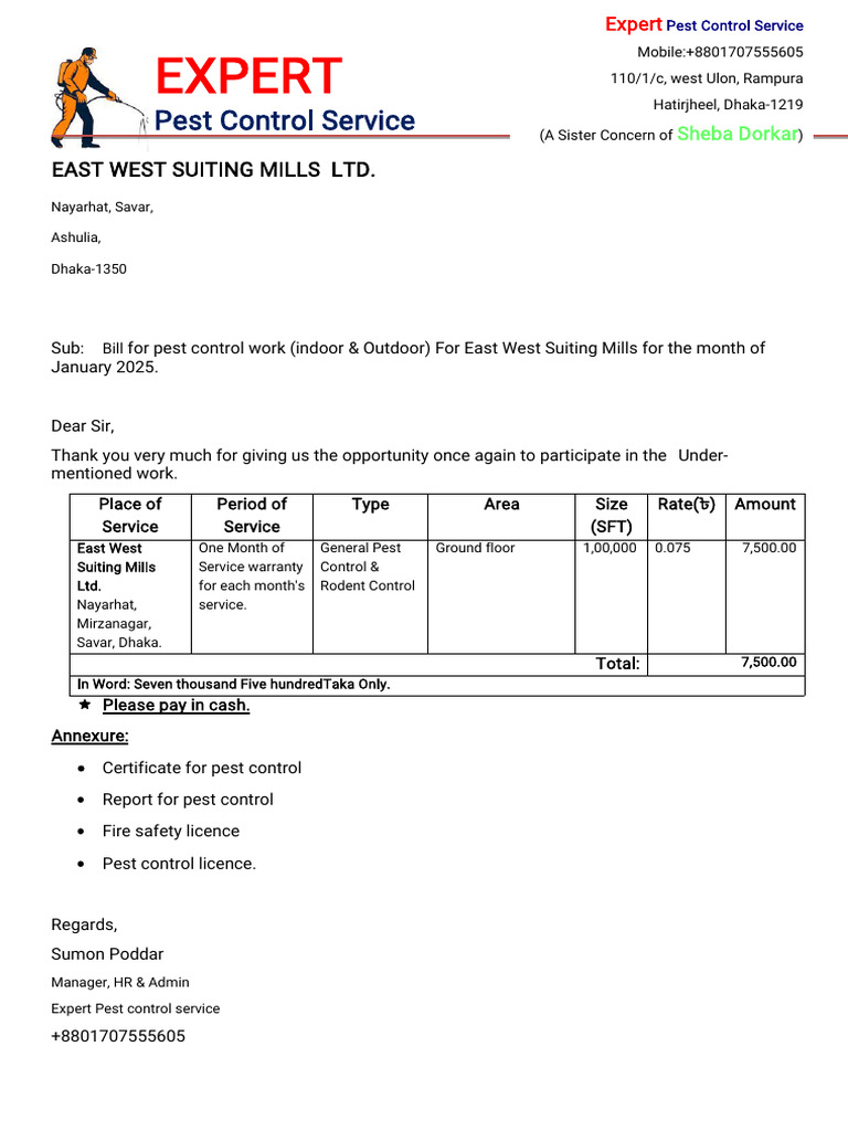 Pest Control Invoice for East West Mills | PDF