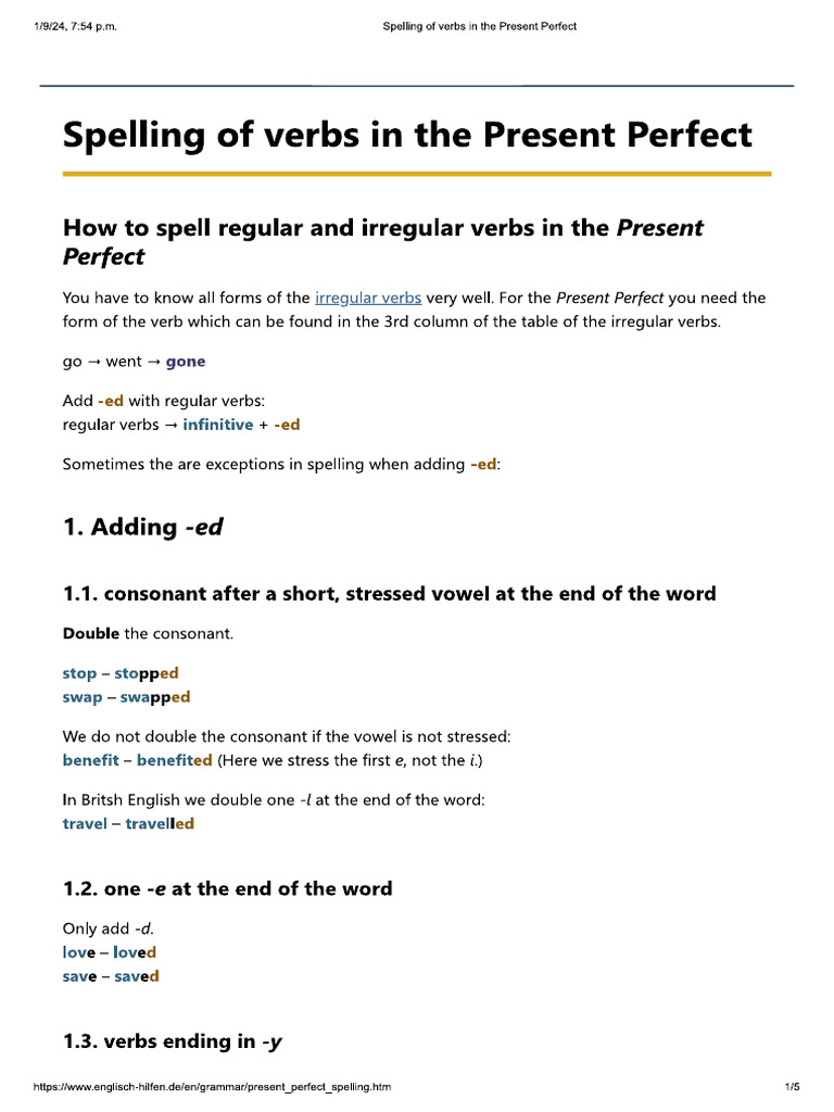 Spelling of Verbs in The Present Perfect | PDF