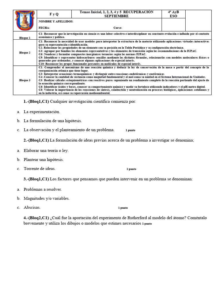 Examen FyQ 4º R. SEPTIEMBRE 0, I,2,3,4 y 5 | PDF | Química | Moléculas
