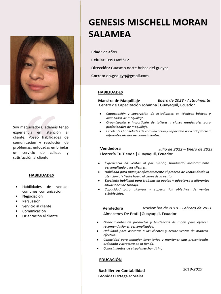 CV de Génesis Morán: Maquilladora y Vendedora | PDF | Business