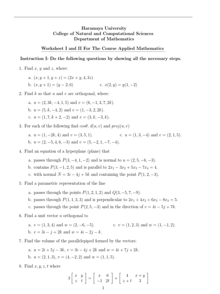 Applied Math I Worksheet I | PDF | Eigenvalues And Eigenvectors | Functions And Mappings