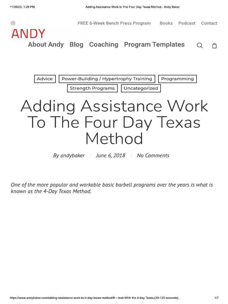 Adding Assistance Work To The Four Day Texas Method | PDF