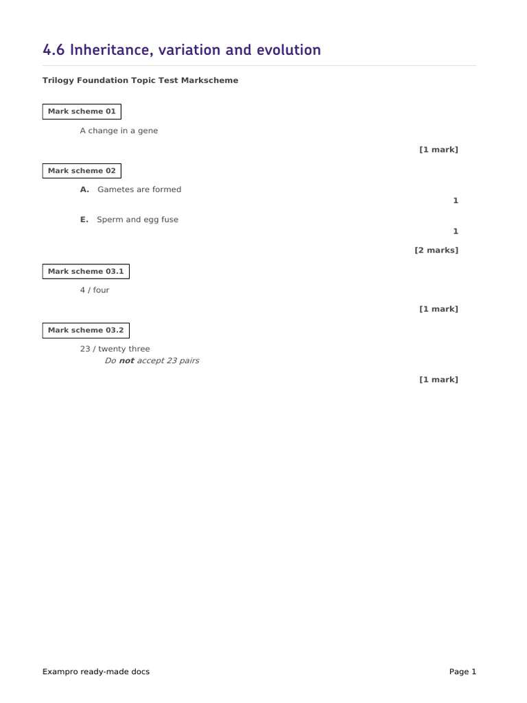 Inheritance and Evolution Markscheme | PDF | Genetic Diversity | Genetics