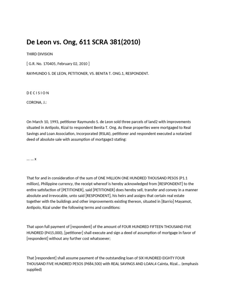 De Leon vs. Ong: Contract of Sale Dispute | PDF | Property | Prices