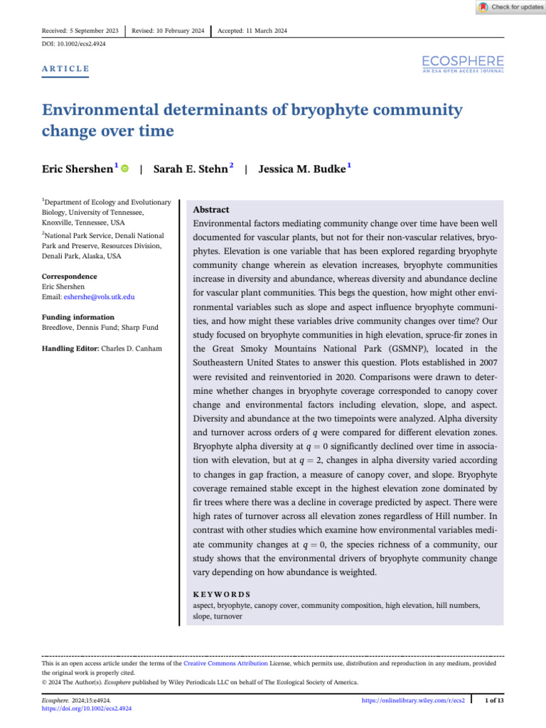Ecosphere - 2024 - Shershen - Environmental Determinants of Bryophyte ...