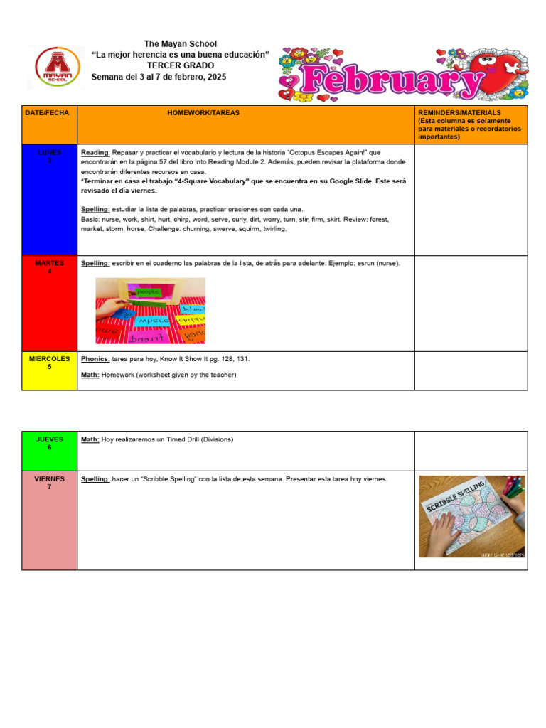 Hoja de tareas semana del 3 al 7 de febrero, 2025 | PDF