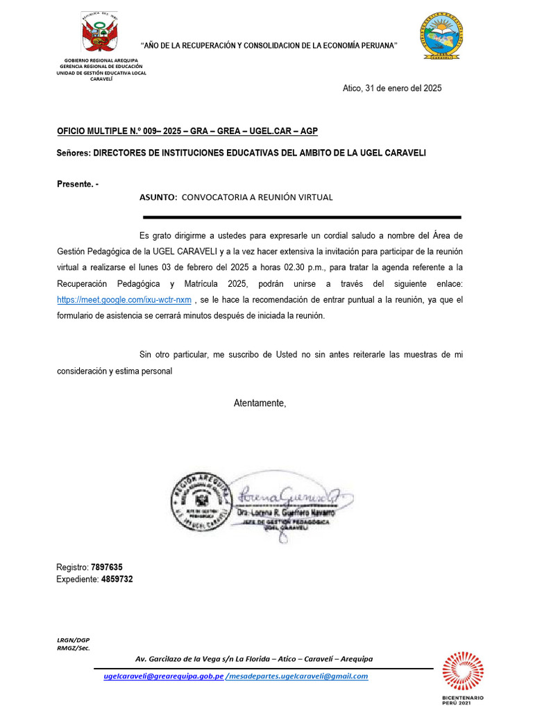 Ofici. Mult. 009-2025 Convocatoria A Reunión Virtual | PDF