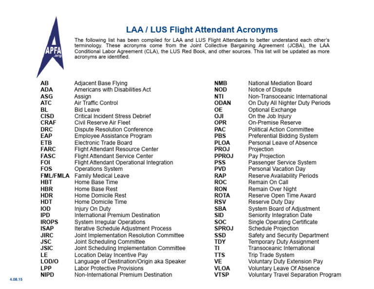 Flight Attendant List of Acronyms 040815 | PDF | Employee Relations