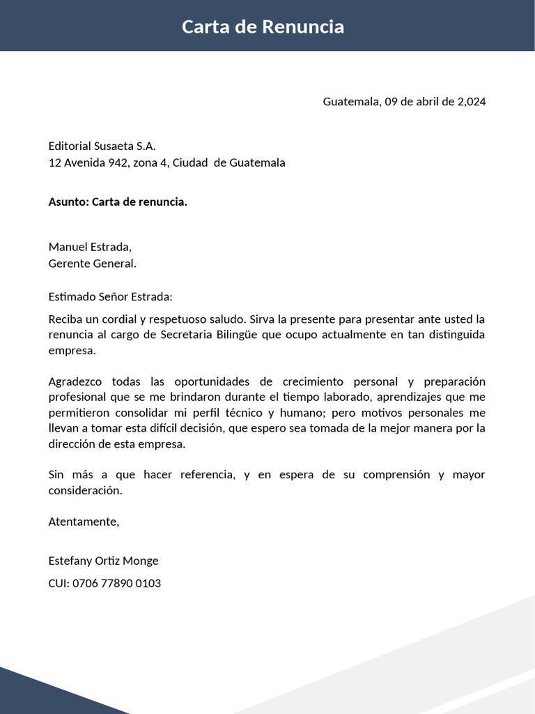 Carta de Renuncia de Estefany Ortiz | PDF