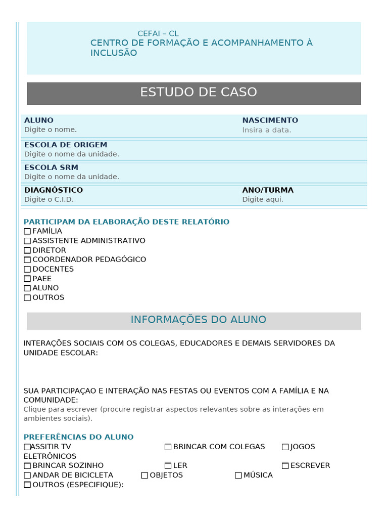 Relatório CEFAI - Estudo de Caso Aluno | PDF | Pedagogia | Aprendizado