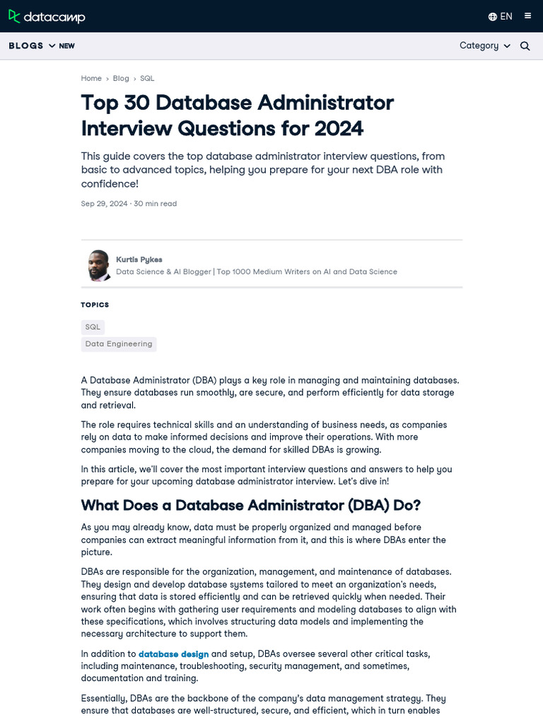 top 30 database administrator interview questions for 2024 _ datacamp | PDF | Database Index ...