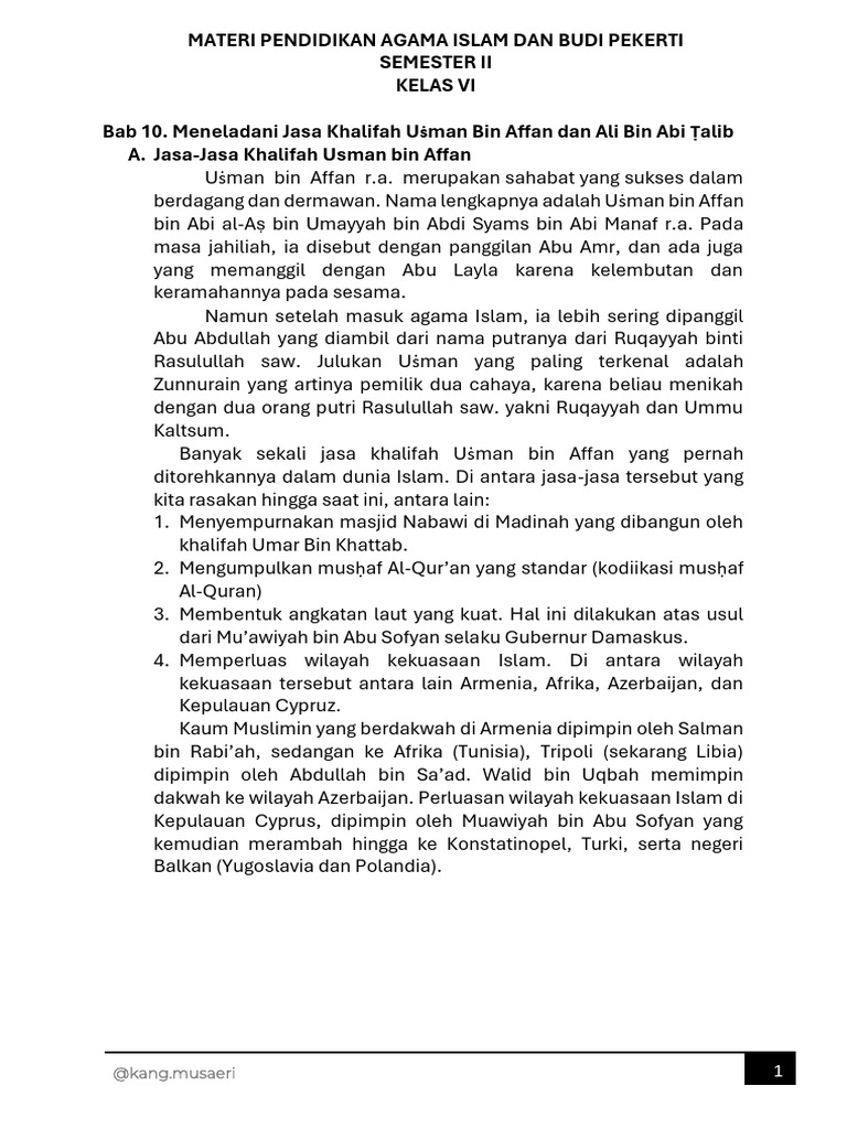 Materi PAI & BP Kelas VI Bab 10. Meneladani Jasa Khalifah U Man Bin Affan Dan Ali Bin Abi Alib | PDF
