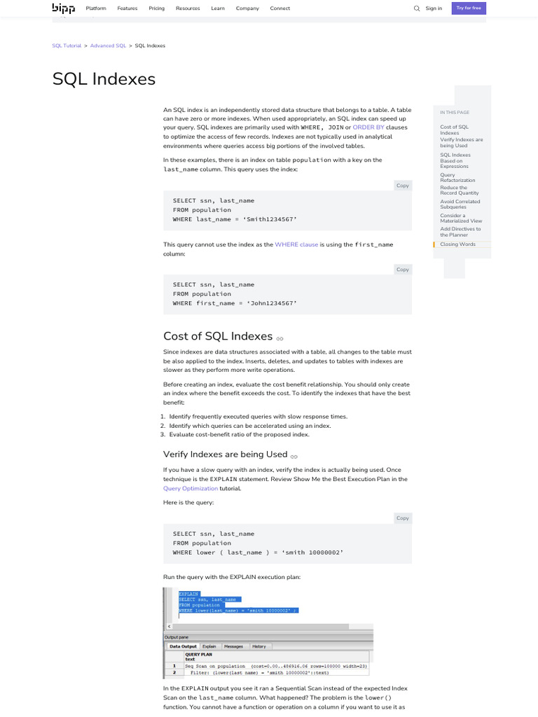 Sql Indexes Advanced Sql Bipp Analytics Pdf Database Index Sql