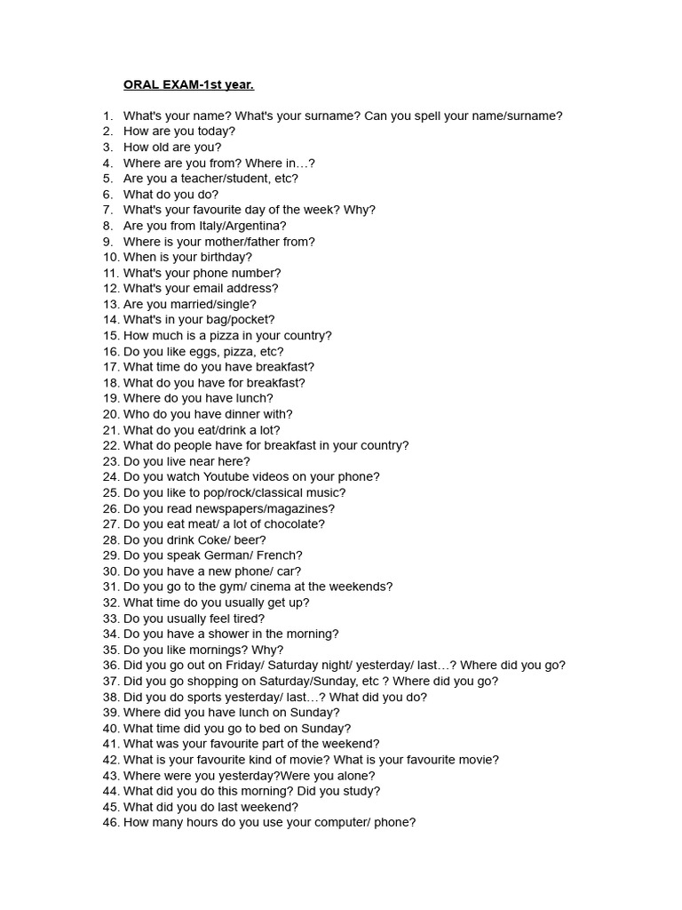 Oral Exam Questions for 1st Year Students | PDF