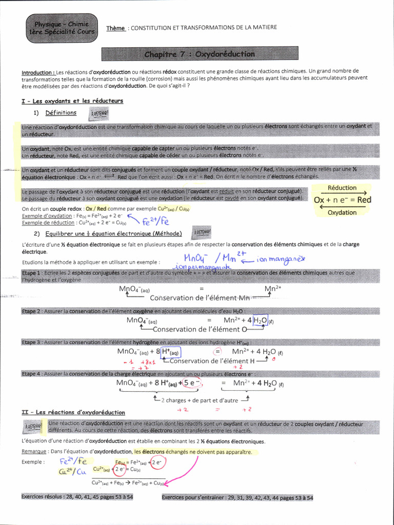 Chap 7 Oxydoréduction Exercices Corrigé | PDF