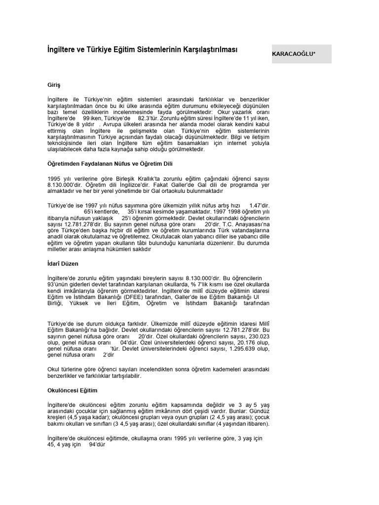 İngiltere Ve Türkiye Eğitim Sistemlerinin Karşılaştırılması | PDF