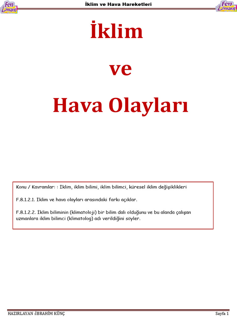 8.sinif 1UB2 Iklim Ve Hava Olaylari | PDF