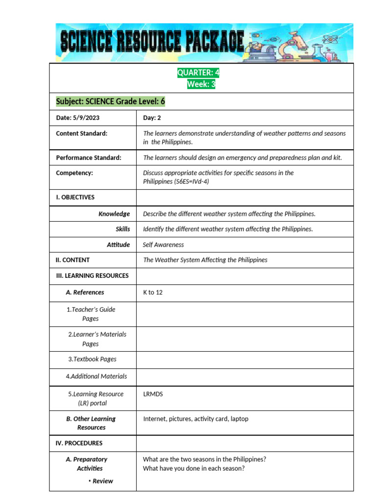 DLP Sci 6 - Q4-Week 3 - Day 2 | PDF | Monsoon | Weather