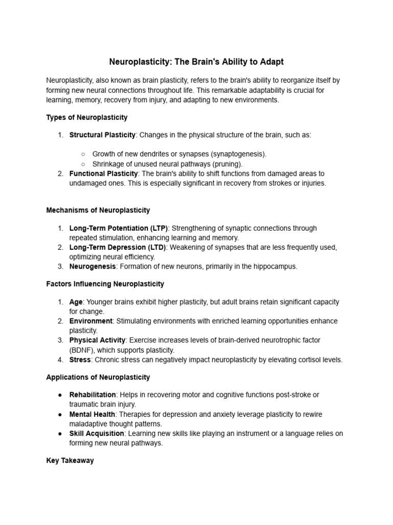 Understanding Neuroplasticity: Brain Adaptation | PDF