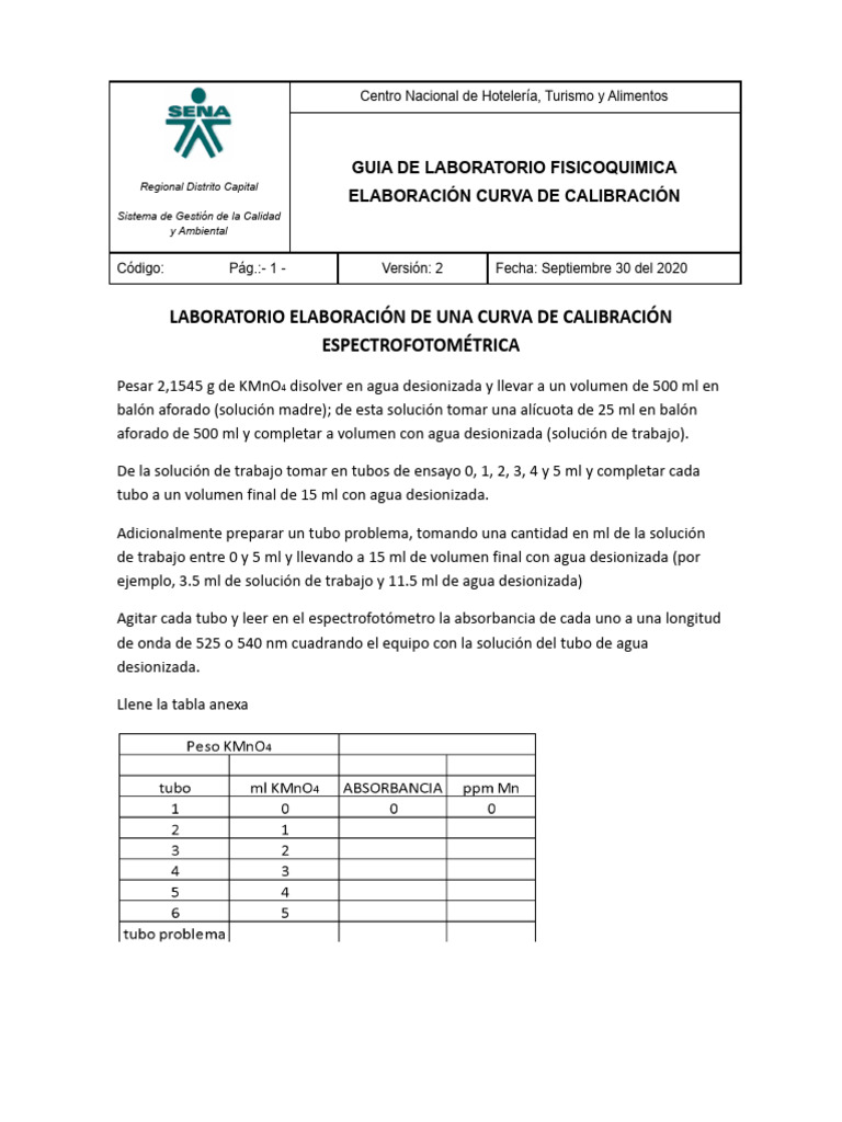 Laboratorio Elaboracion de Una Curva de Calibracion Espectrofotometrica ...