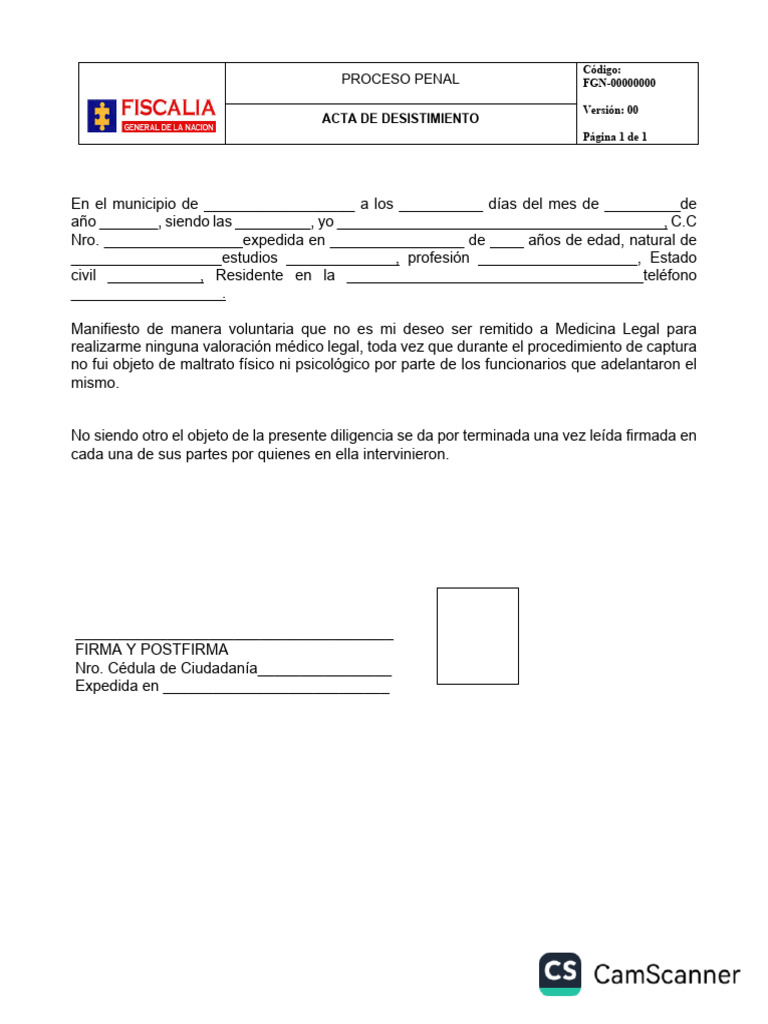 Acta Desistimiento Medico Legal-Manual en Blanco | PDF