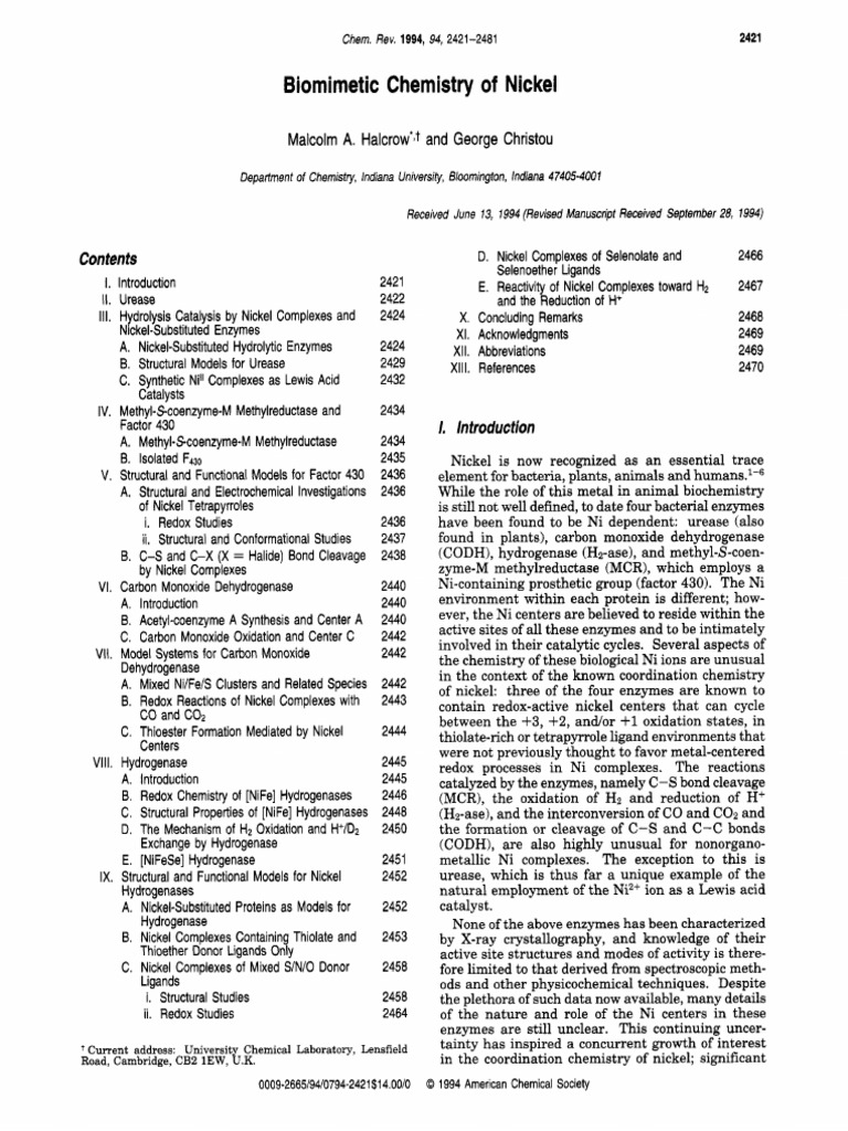 1994 - Biomimetic Chemistry of Nickel | PDF | Chemistry | Chemical ...
