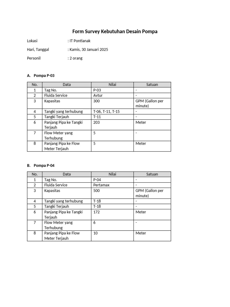 Form Survey Kebutuhan Desain Pompa | PDF