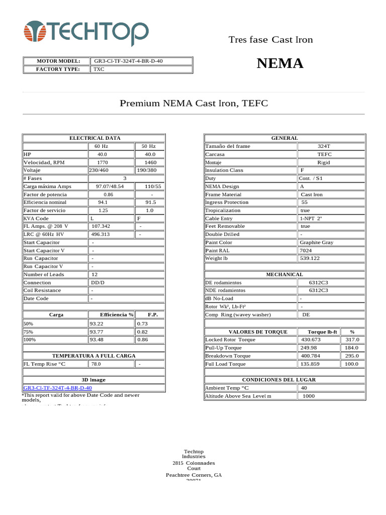 Ficha Motor de 40HP@1800RPM | PDF | Equipo eléctrico | Ingenieria Eléctrica