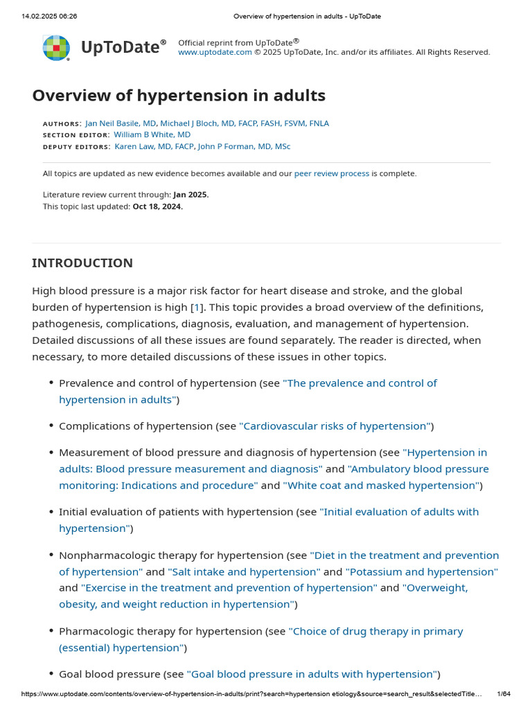 Overview of Hypertension in Adults - UpToDate - 250215 - 200149 | PDF ...