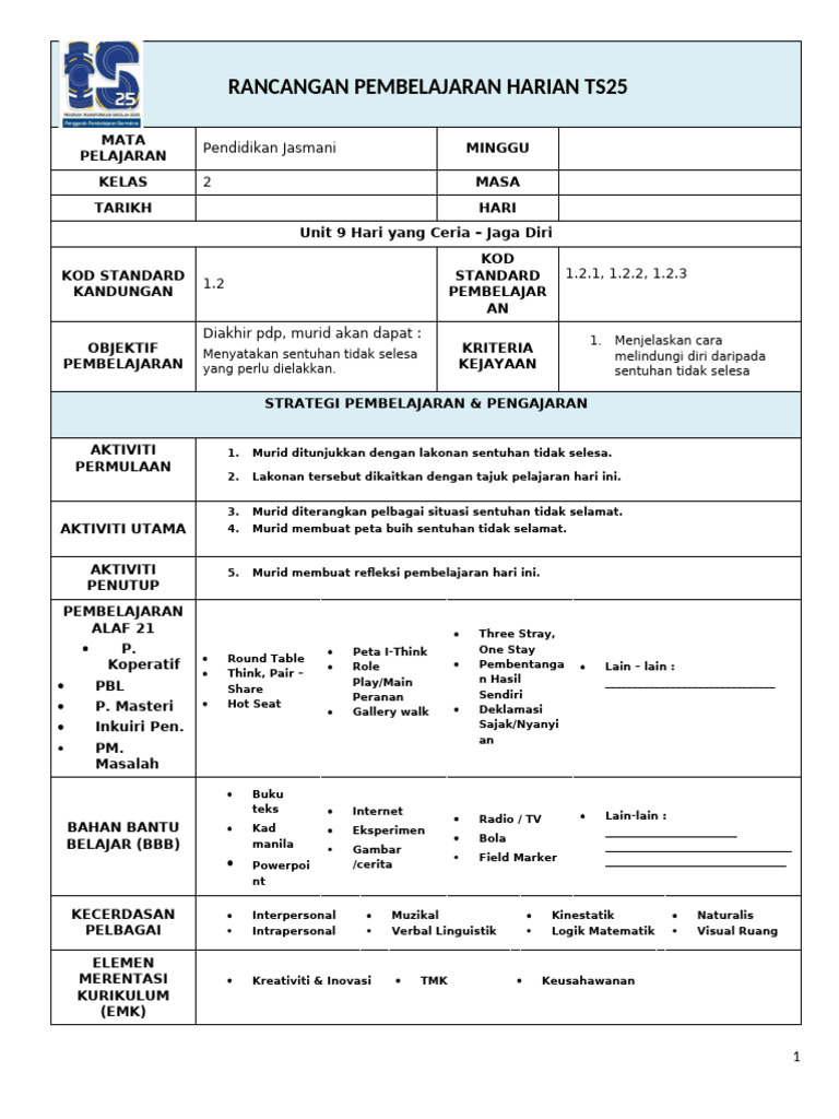 RPH PK Tahun 2 Unit 9 Hari Yang Ceria | PDF