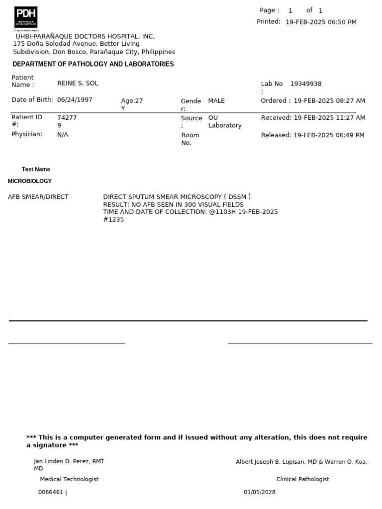 Laboratory Result 1 PDF | PDF