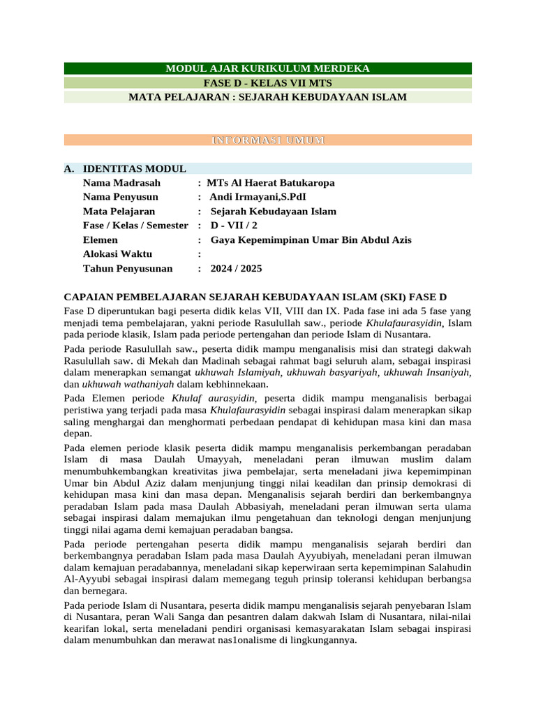 Modul SKI 7 Bab 5 - Kepemimpinan Umar Bin Abdul Azis | PDF