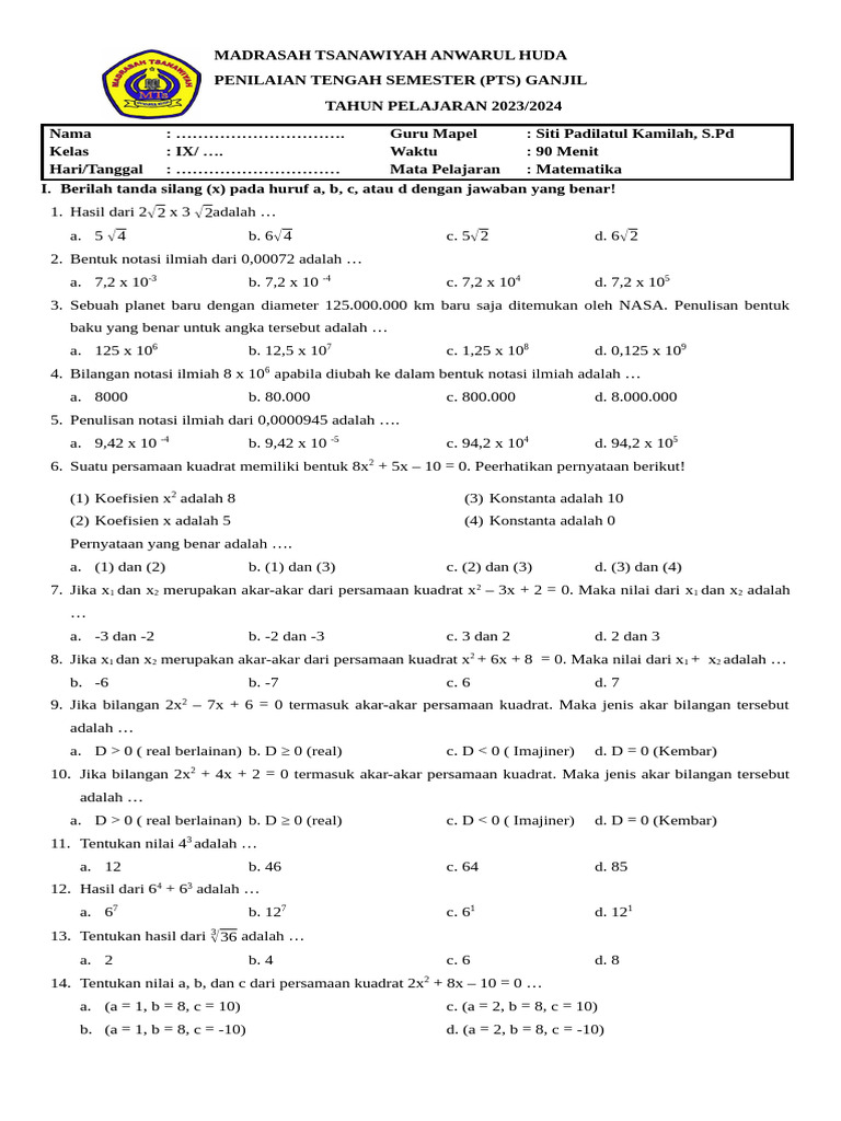 Soal MTK Kelas 9 | PDF