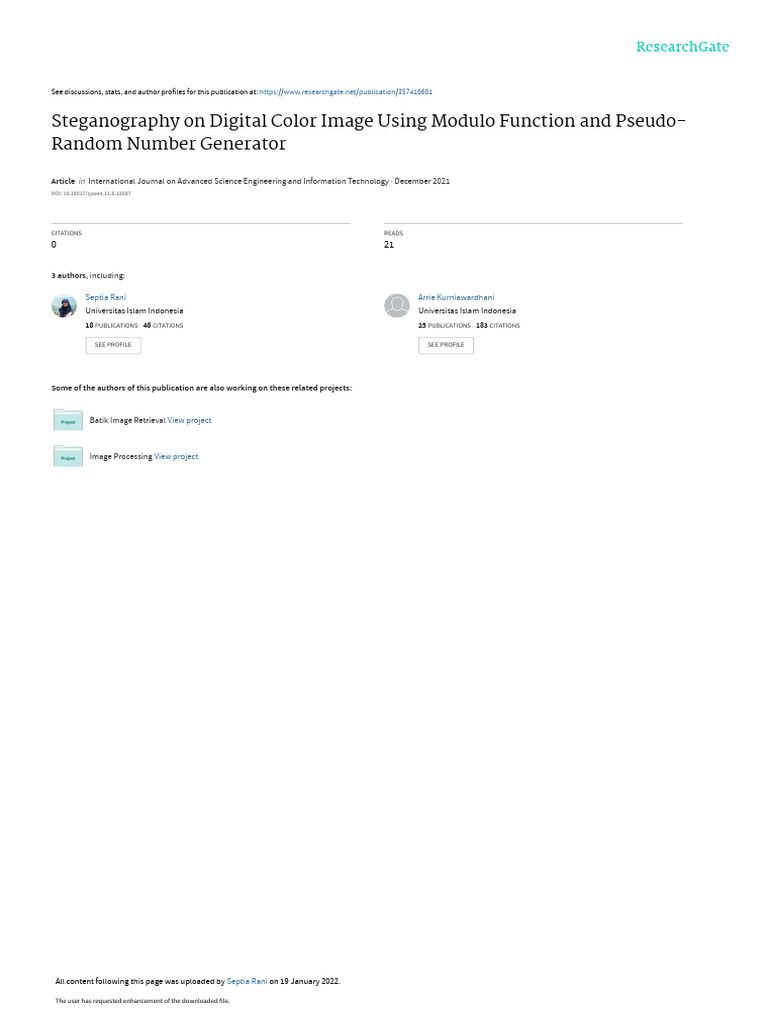 Steganography On Digital Color Image Using Modulo | PDF | Cryptography | Rgb Color Model