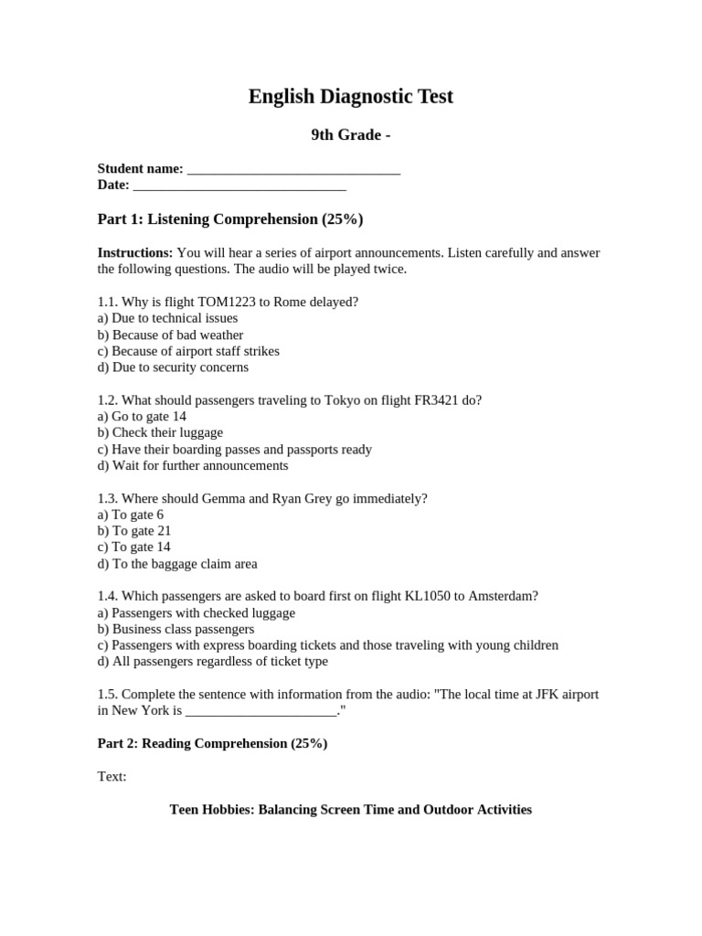 English Diagnostic Test 9° 2025 | PDF | Airport | Learning