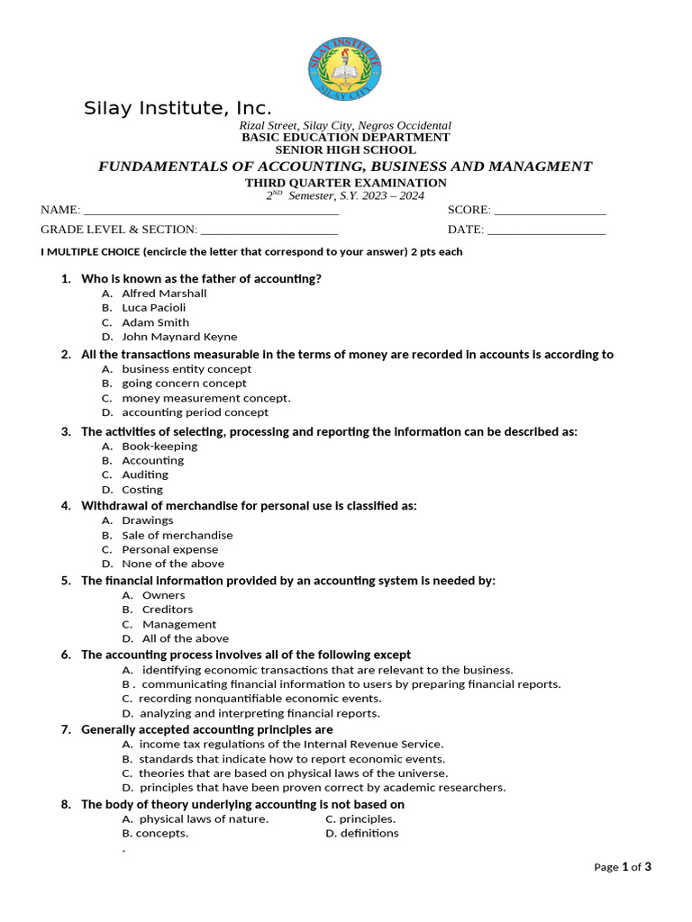 EXAM-FABM 1 - 3Rd Quarter S.Y.-2024-2025 (AutoRecovered) | PDF ...
