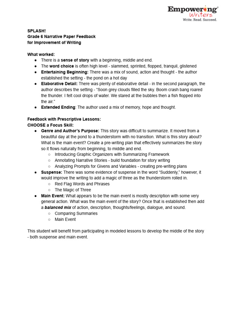 Grade 6 Narrative Writing Feedback | PDF
