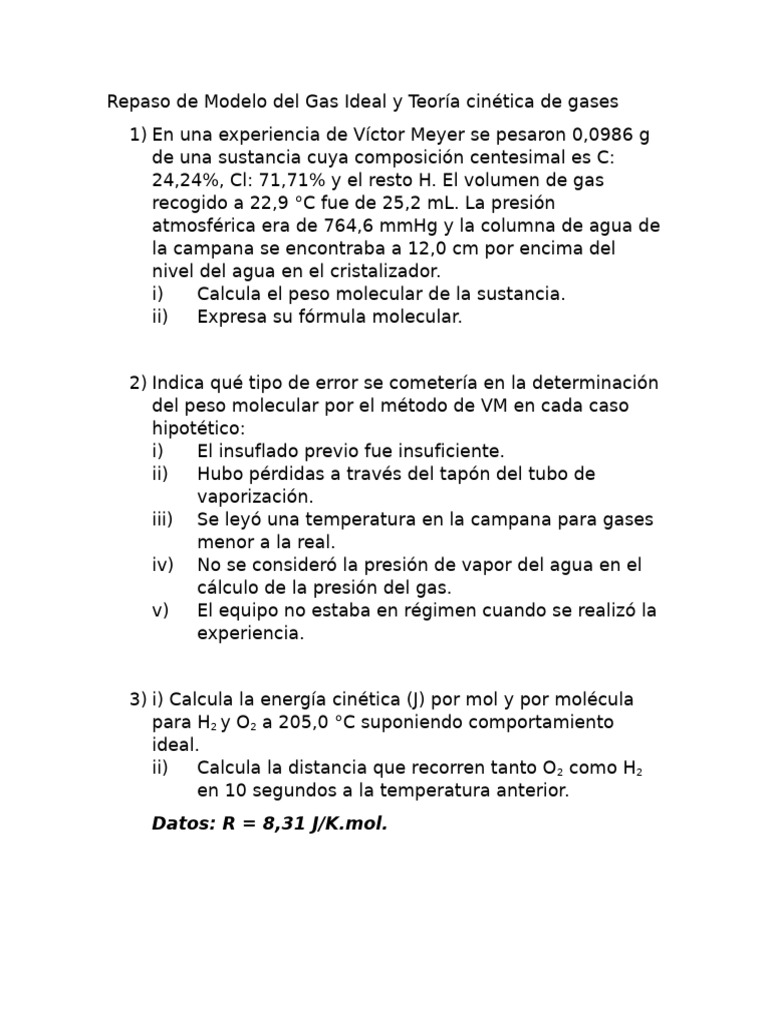 Ejercicios Modelo Del Gas Ideal, Teoría Cinética de Los Gases y TPs | PDF