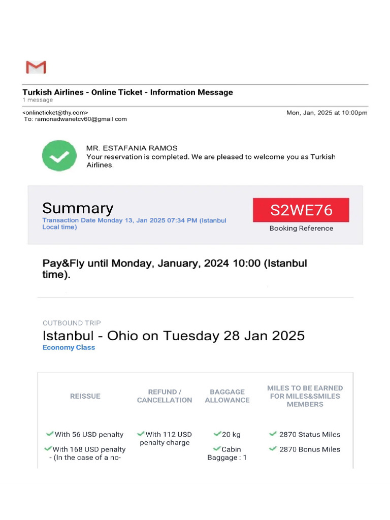 Turkish Airlines Flight Confirmation. | PDF